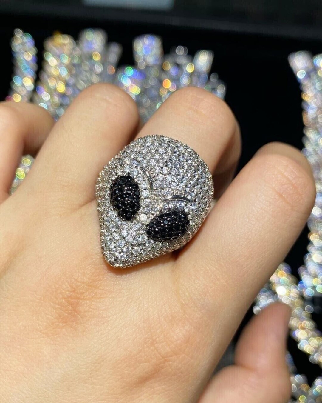 Round White & Black Moissanite Alien Emoji Ring, Handmade 925 Silver ...