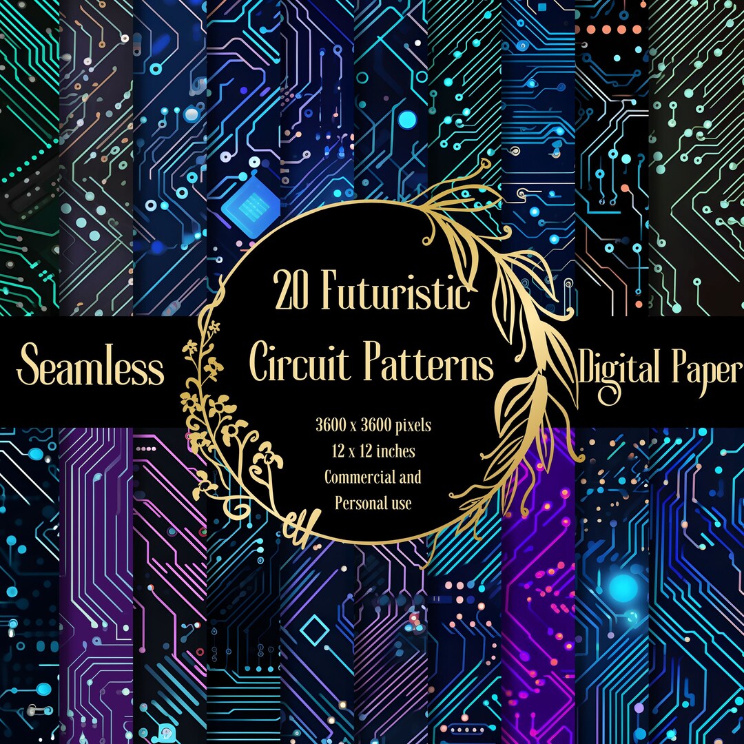 20 Futuristic Neon Circuit Board Motherboard Digital Paper Seamless ...