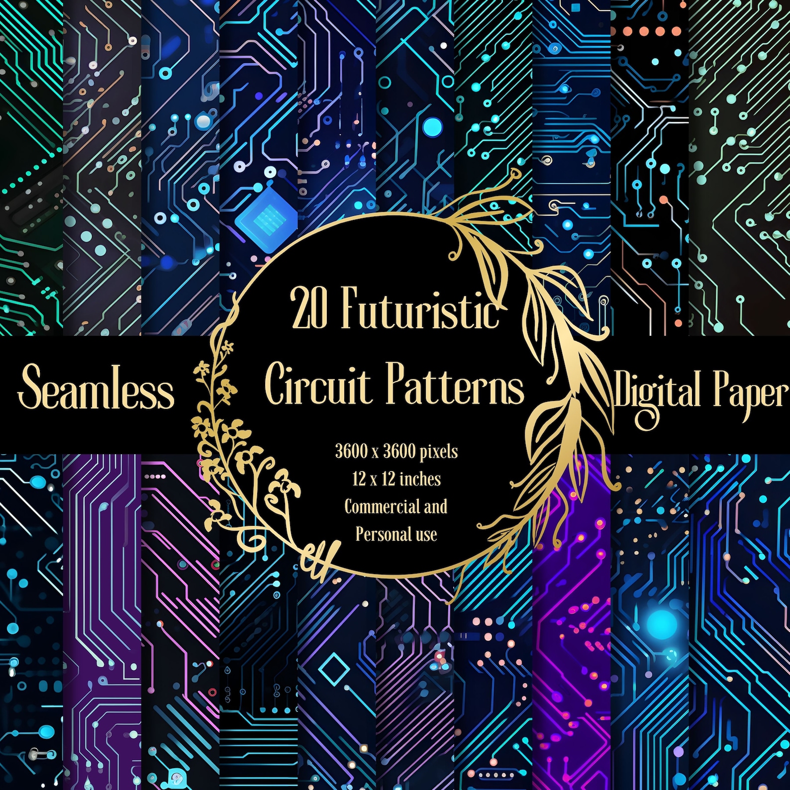 20 Futuristic Neon Circuit Board Motherboard Digital Paper Seamless ...