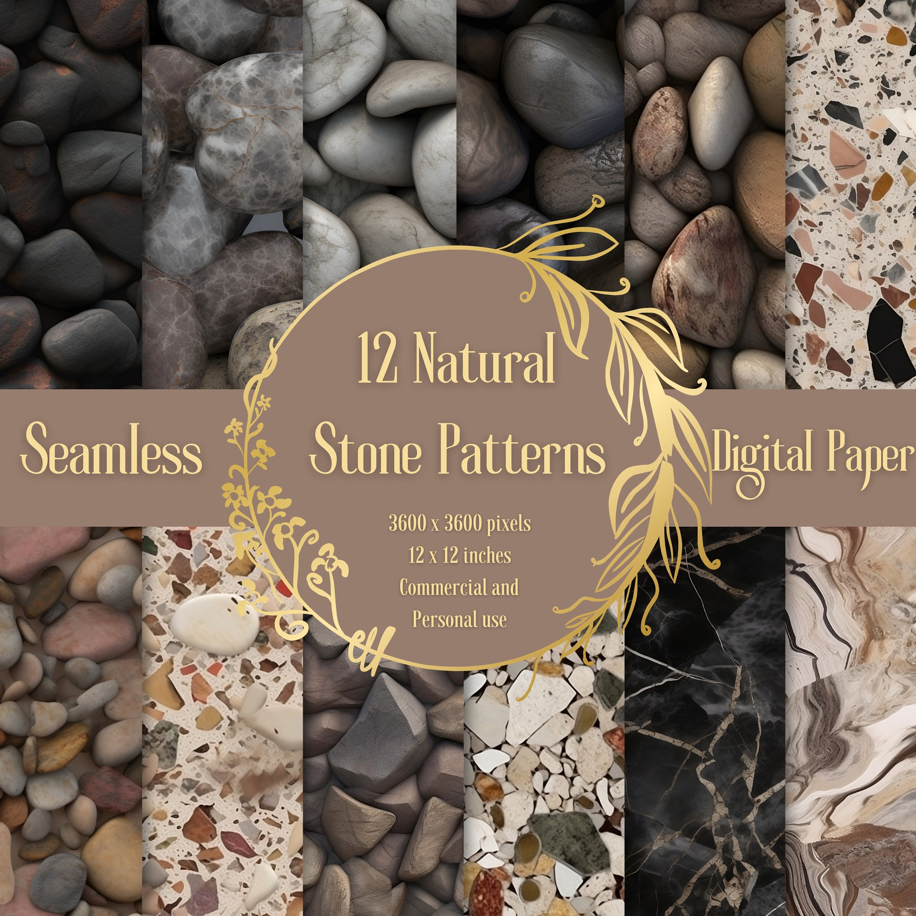 12 Natural Stone Pebbles Marble Shale Terrazzo Digital Paper Seamless ...