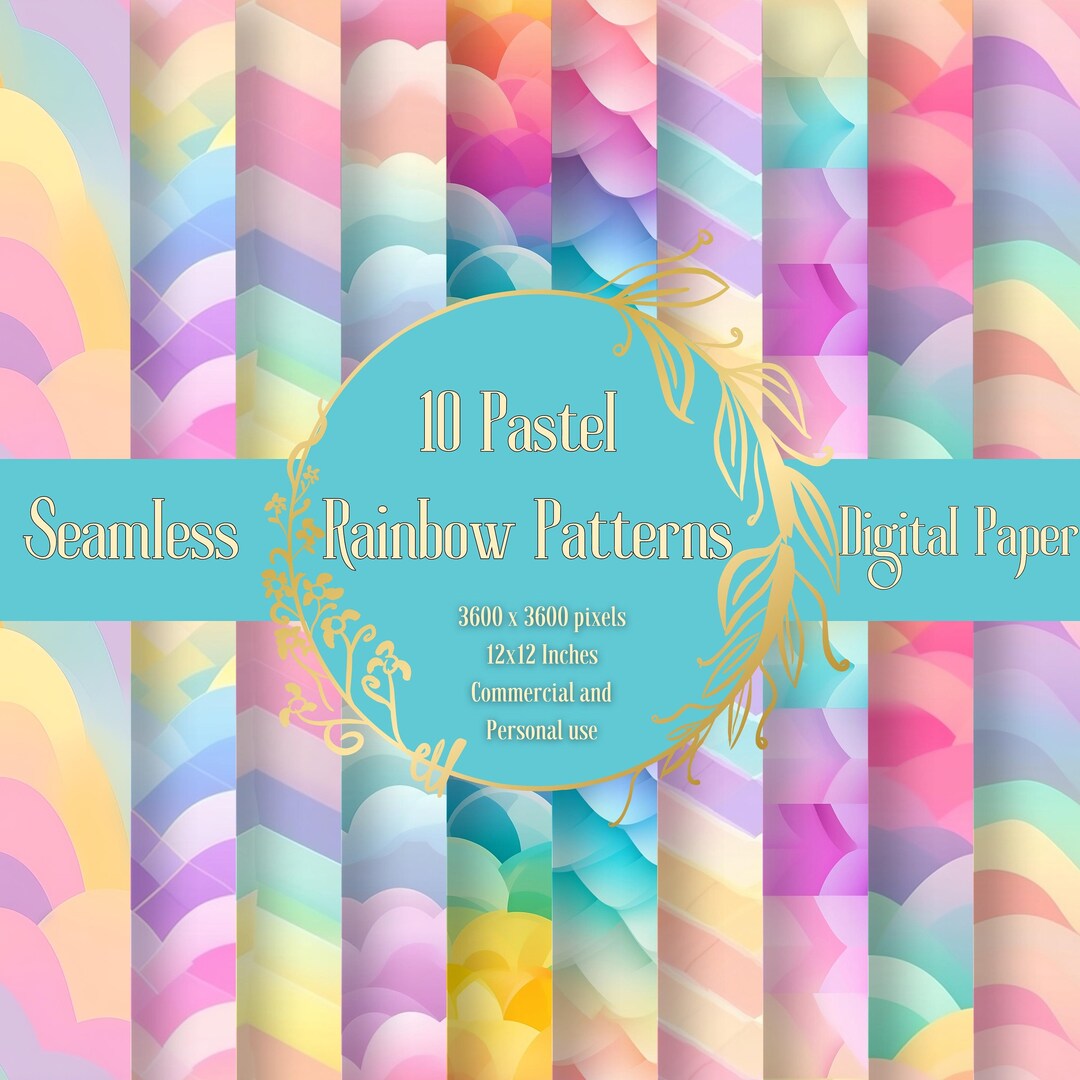 10 Soft Pastel Rainbow Cloud and Chevron Digital Paper Seamless Pattern ...