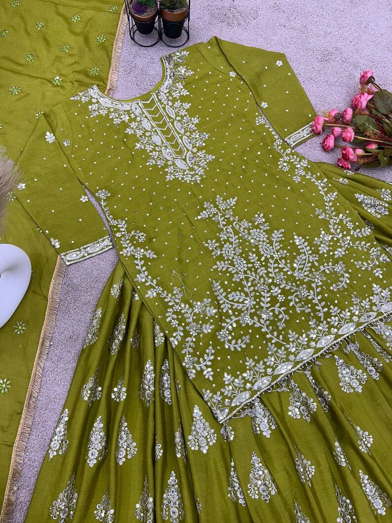 Designer Green Sharara Kurti Suit Set With Duppata for Womens, Mehndi ...