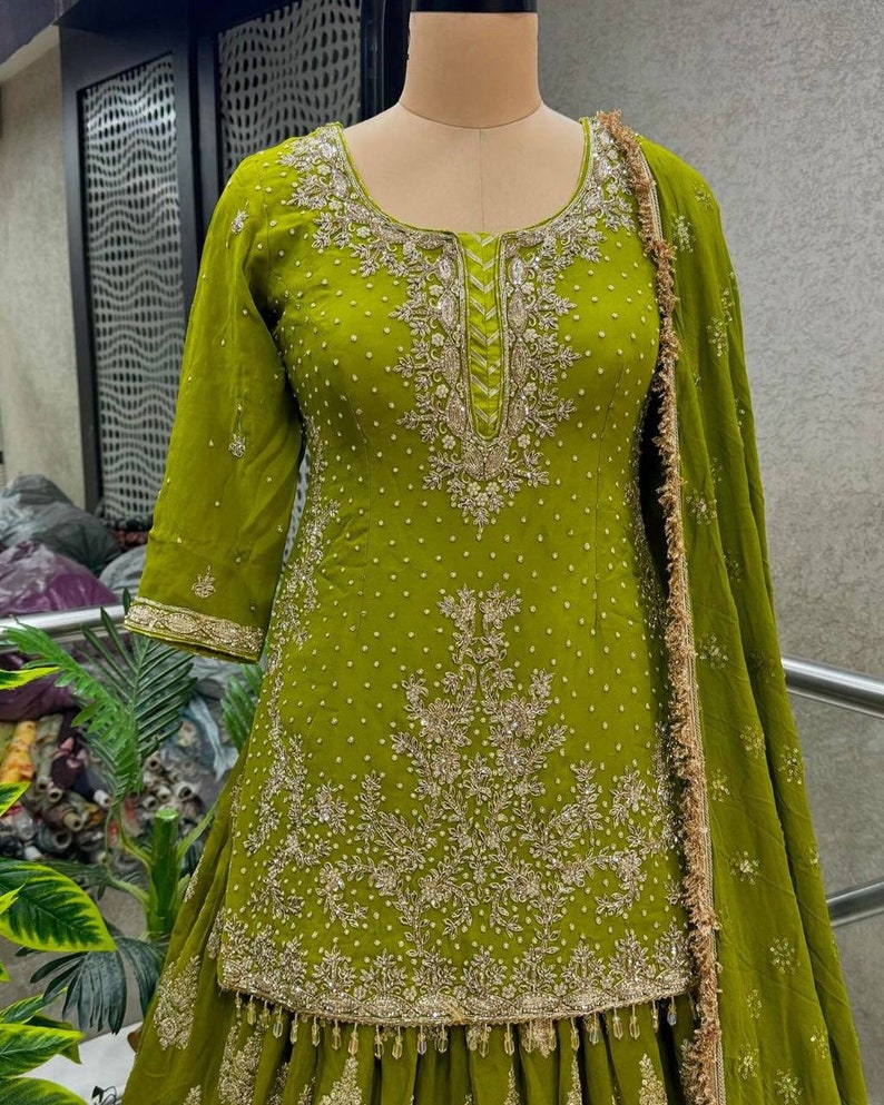 Designer Green Sharara Kurti Suit Set With Duppata for Womens, Mehndi ...