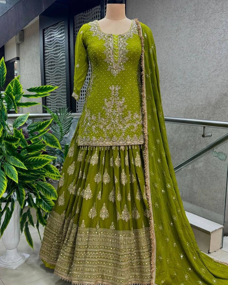 Designer Green Sharara Kurti Suit Set With Duppata for Womens, Mehndi ...