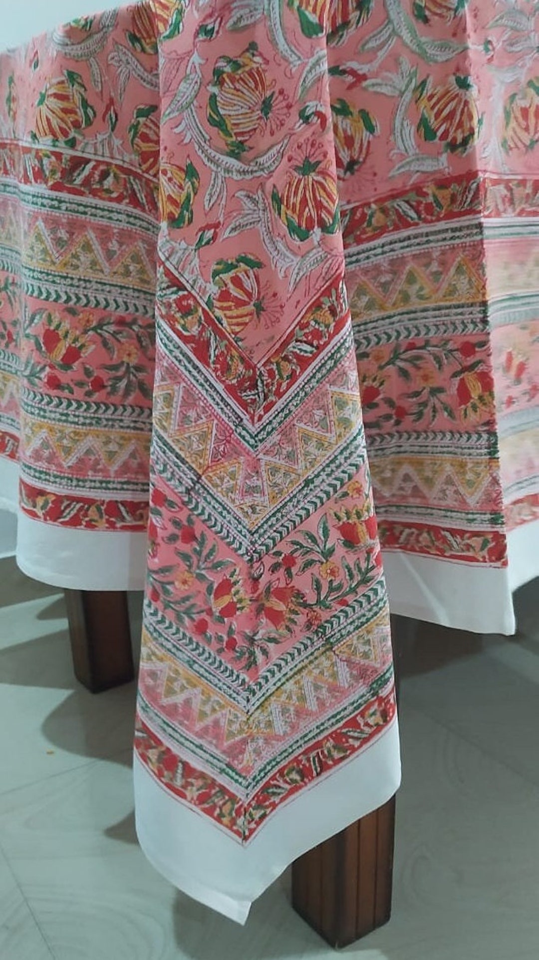 Light Color Floral Indian Hand Block Print Tablecloth, Flower Design ...