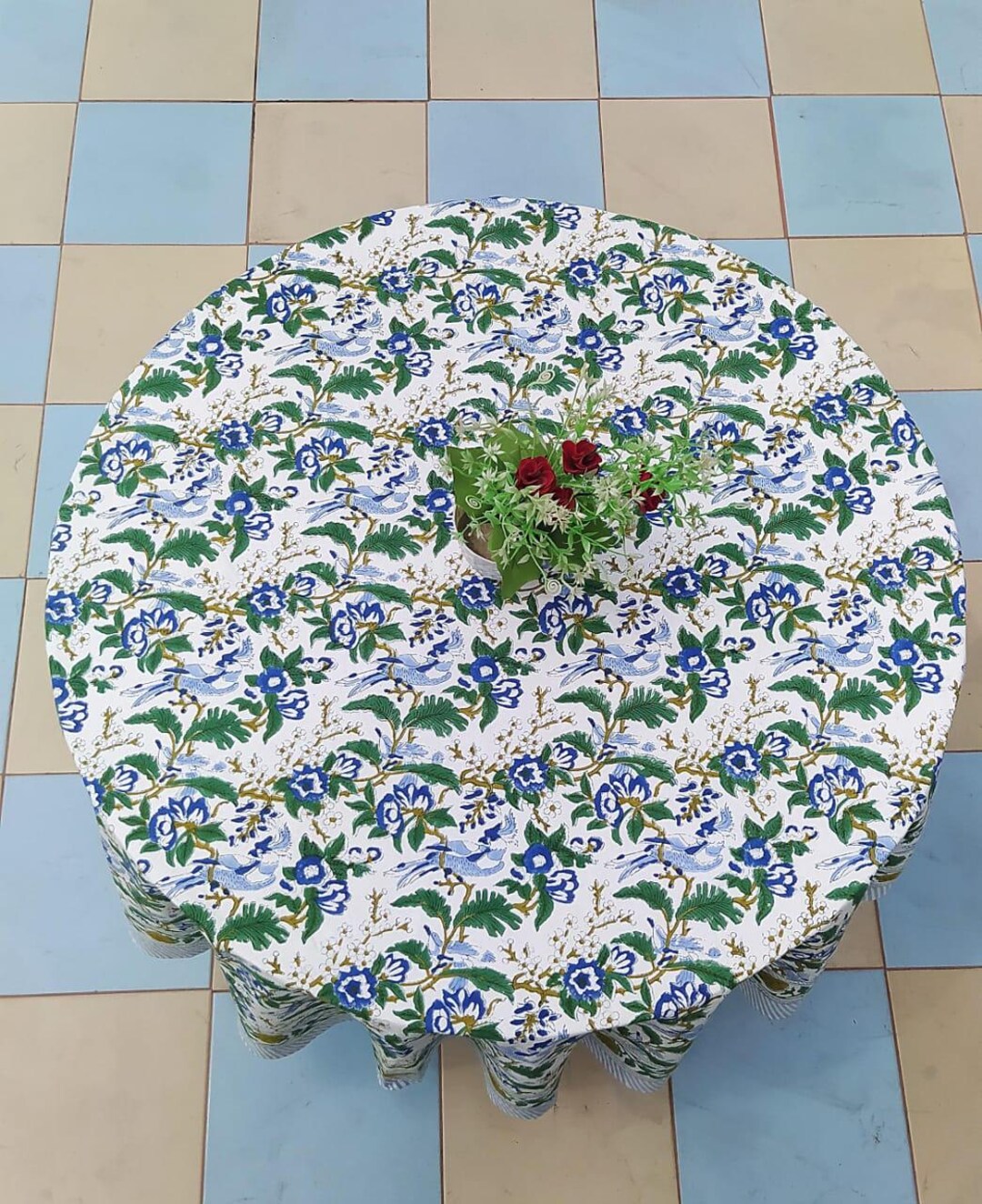 Blue and Green Floral Round Tablecloth, Indian Block Print Round Table ...