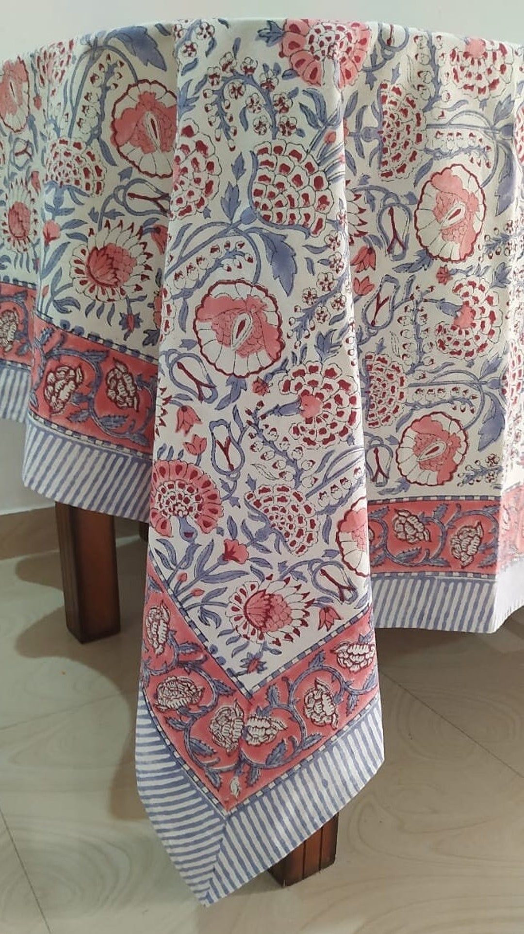 Pink and Blue Indian Hand Block Print Tablecloth,farmhouse Tablecloth ...