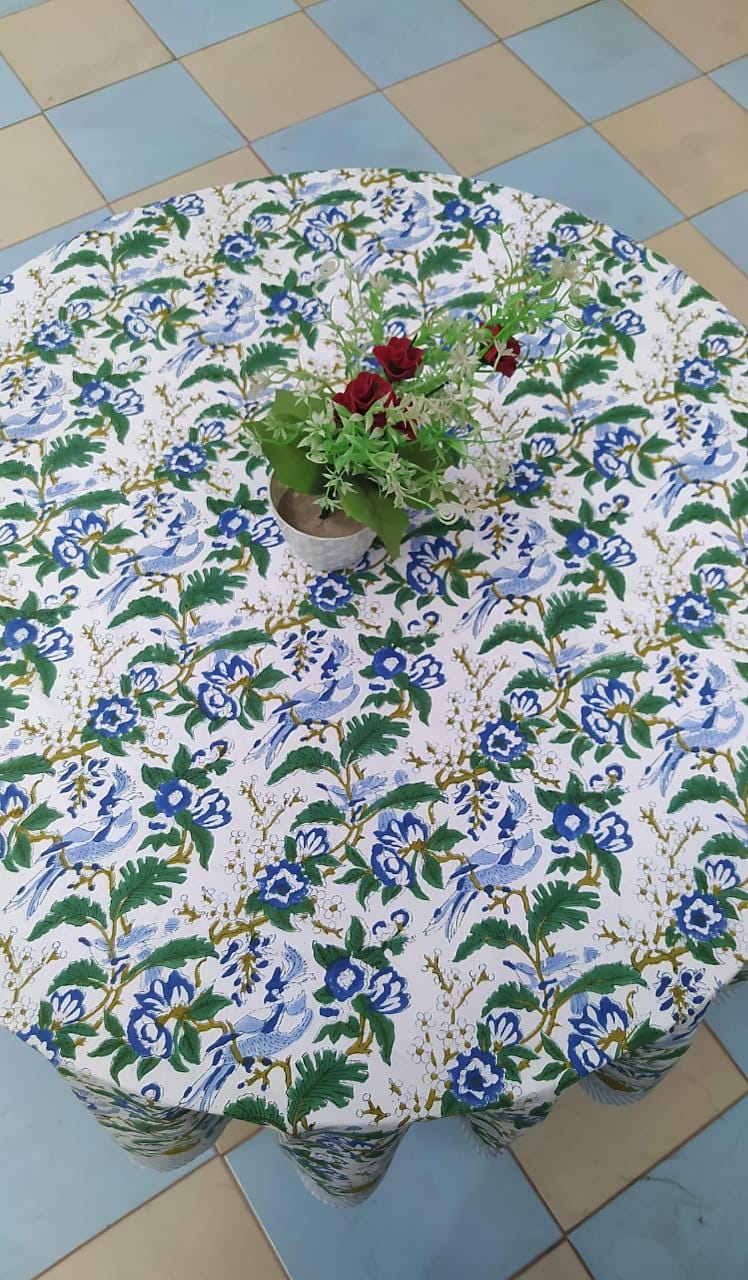 Blue and Green Floral Round Tablecloth, Indian Block Print Round Table ...