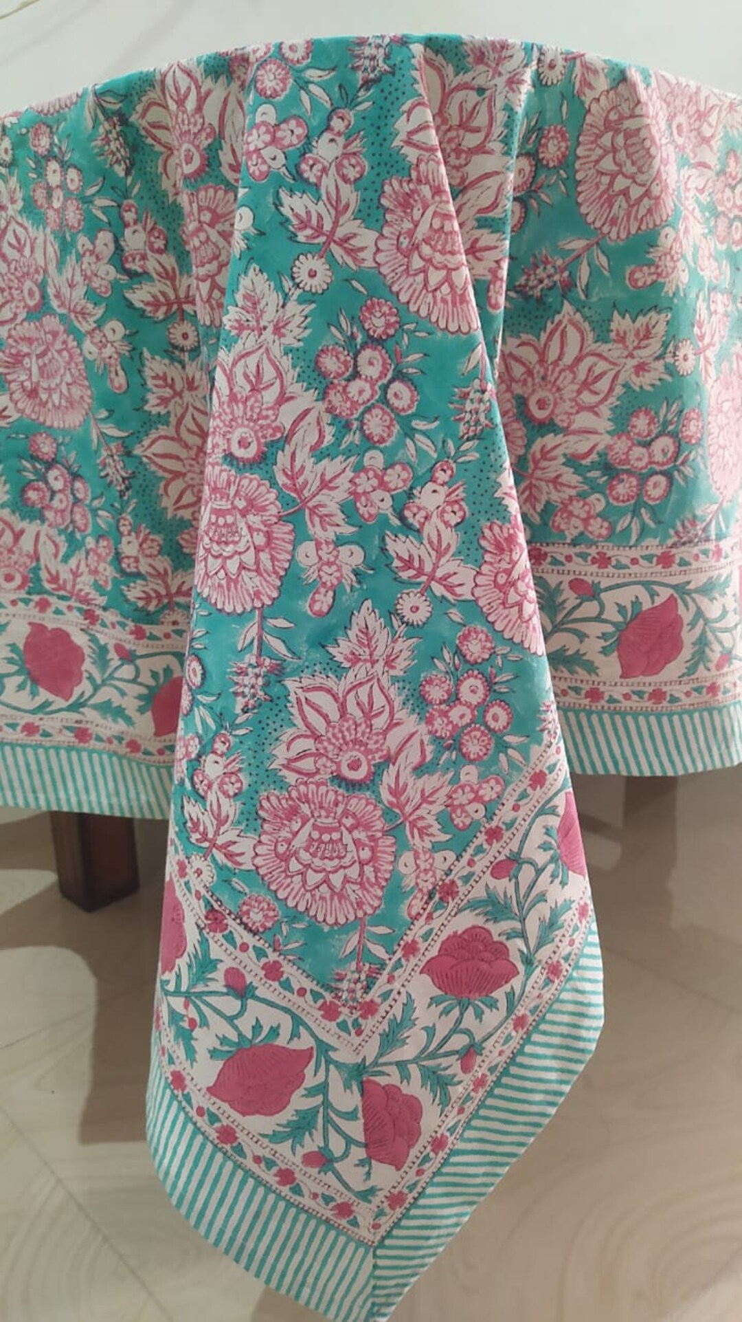 Mint Green & Pink Indian Hand Block Printed Tablecloth, Gift for Her ...