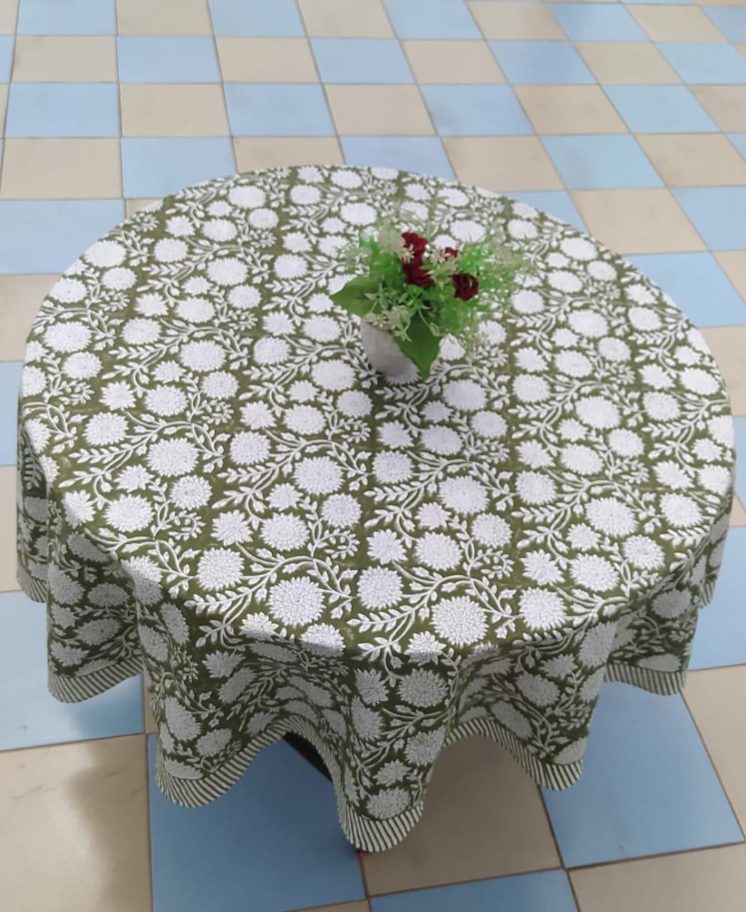 White and Green Floral Round Tablecloth, Indian Block Print Round Table ...