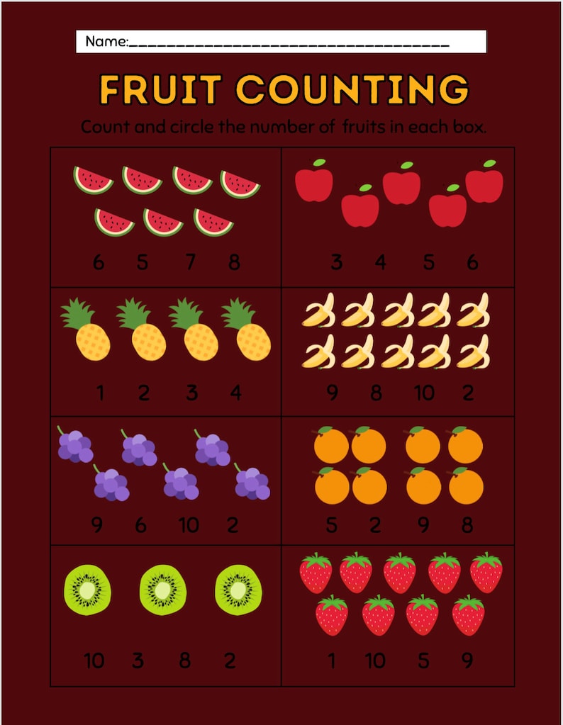 Counting Fruit Math Worksheet - Etsy