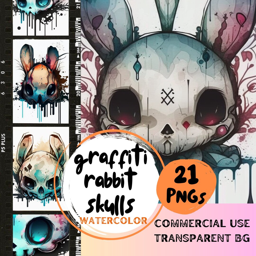 21 Graffiti Rabbit Skulls, Watercolor PNG Clipart Bundle, Cute Skull ...