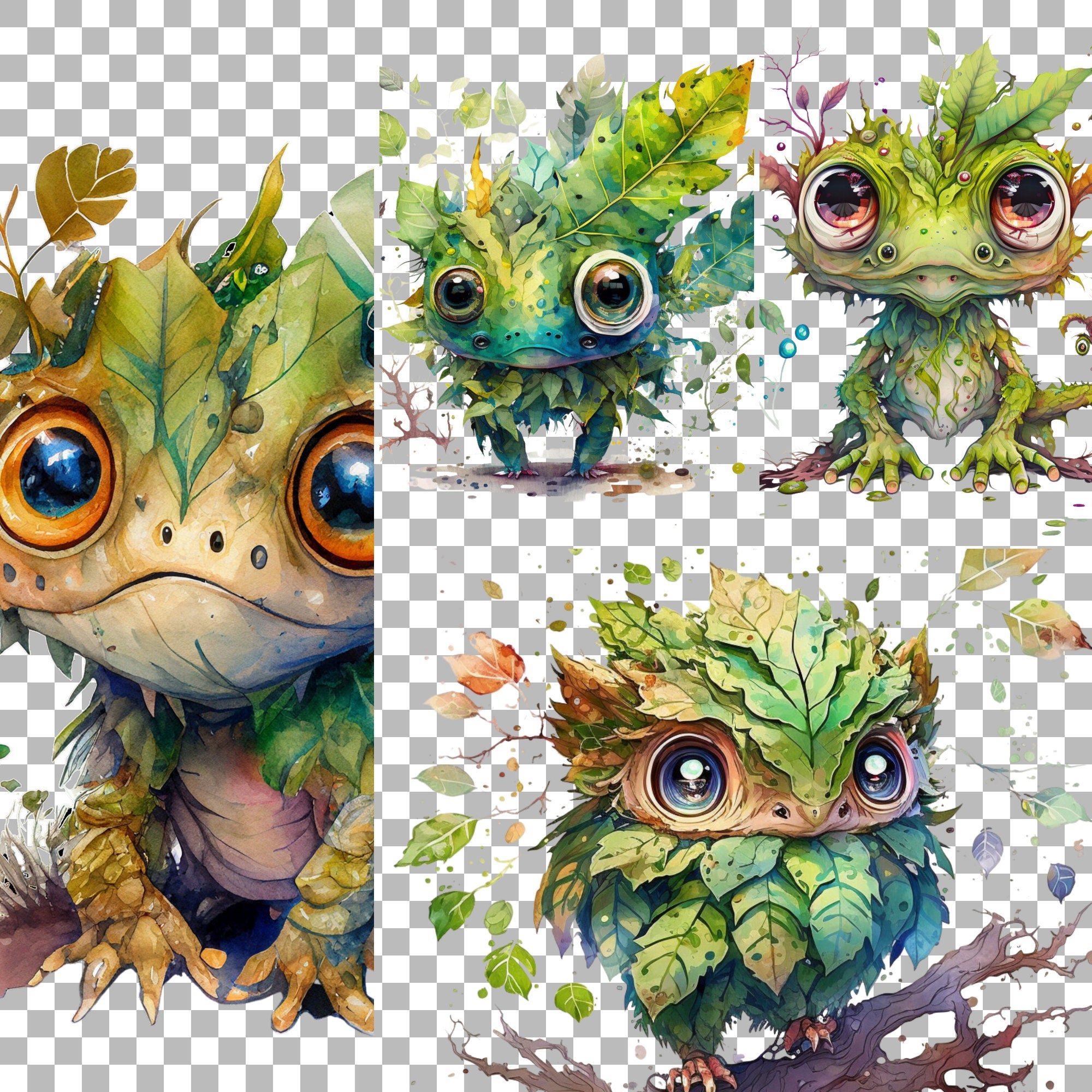 47 Cute Baby Leaf Monster Creatures, Watercolor Png Clipart, Baby ...