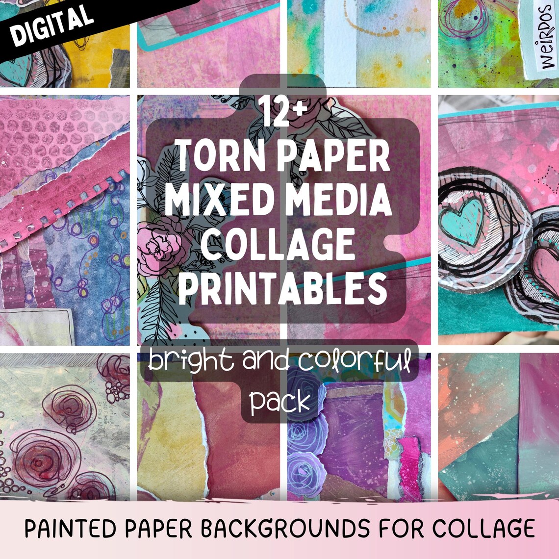Torn Paper Mixed Media Collage PRINTABLE, Colorful Painted Paper ...