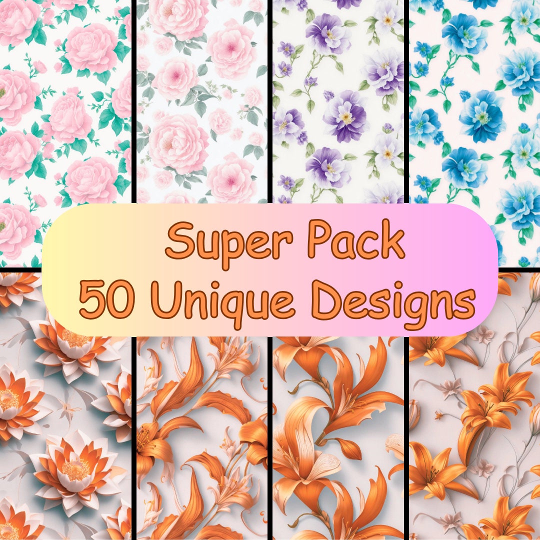50 Sheets 3D Floral Seamless Pattern Sheets Beautiful Design Pack ...