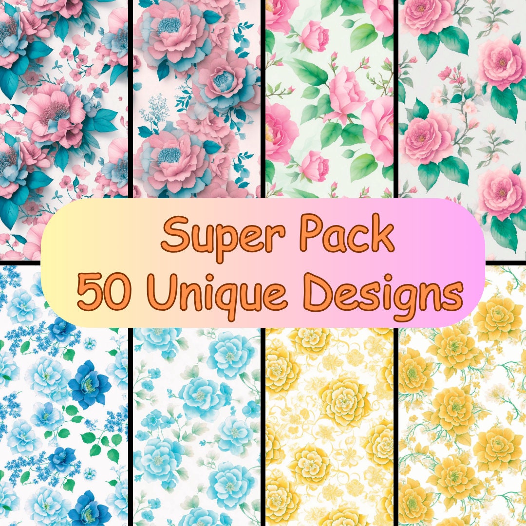 50 Sheets 3D Floral Seamless Pattern Sheets Beautiful Design Pack ...
