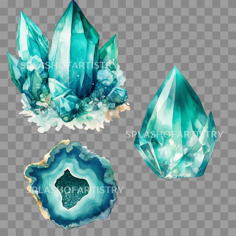 Crystal Gem Watercolor Clipart Teal Gem Digital Art Crystal Gemstone ...