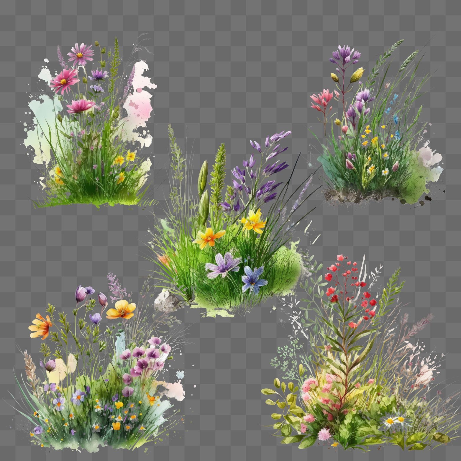 Meadow Flowers Watercolor Clipart Craft Floral Grass Digital Download ...