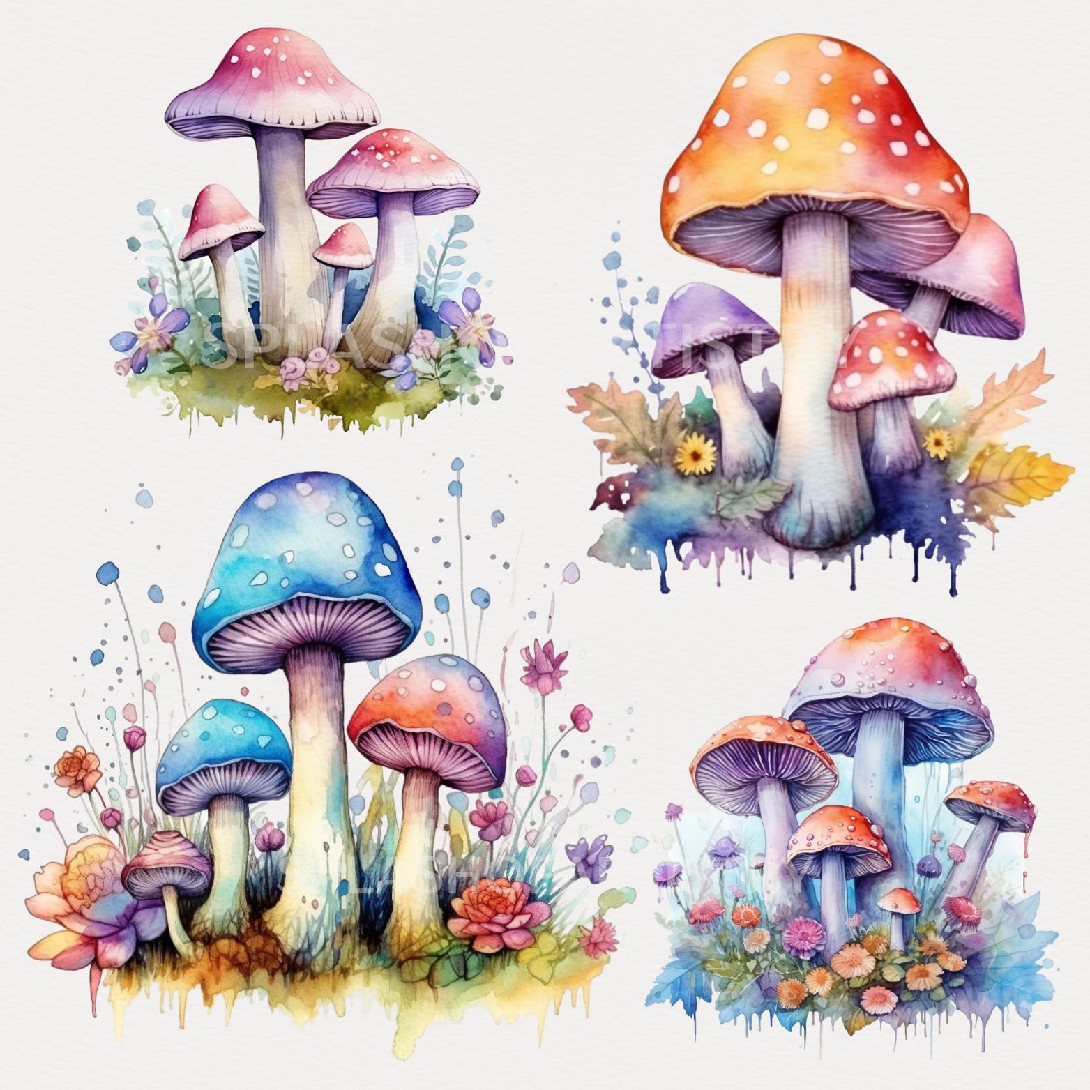 Floral Mushroom Watercolor Clipart Magic Mushroom Digital Art Fantasy ...