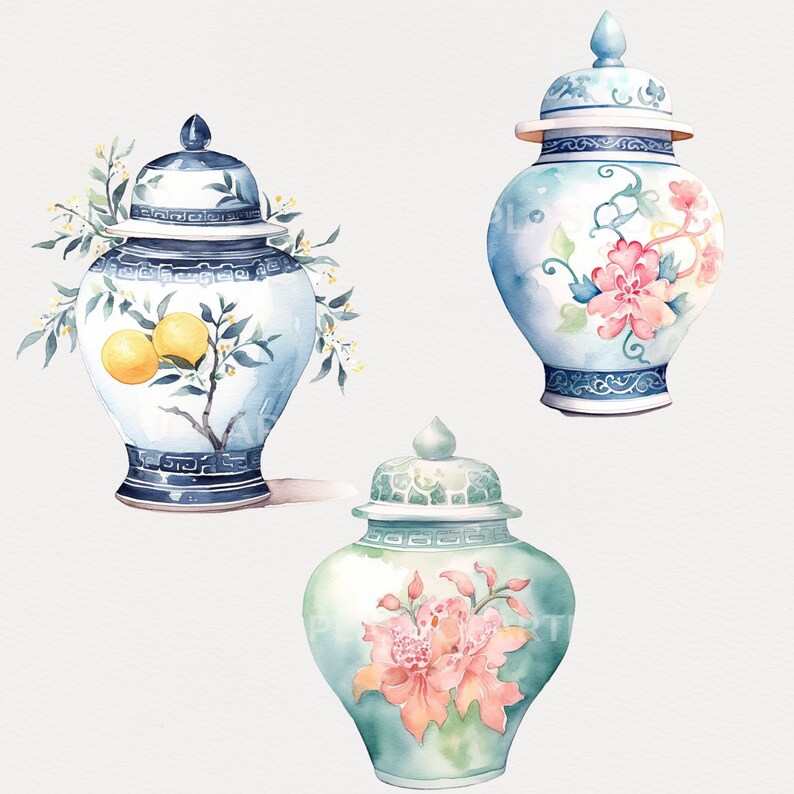 Blue Chinoiserie Jar Watercolor Clipart Floral Ginger Jar Card Making ...