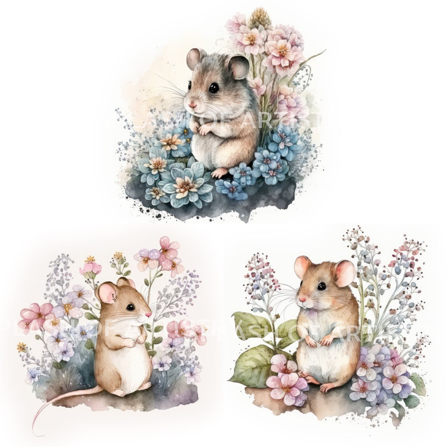 Cute Mouse Flower Clipart Watercolor Floral Mouse Card Making Adorable ...