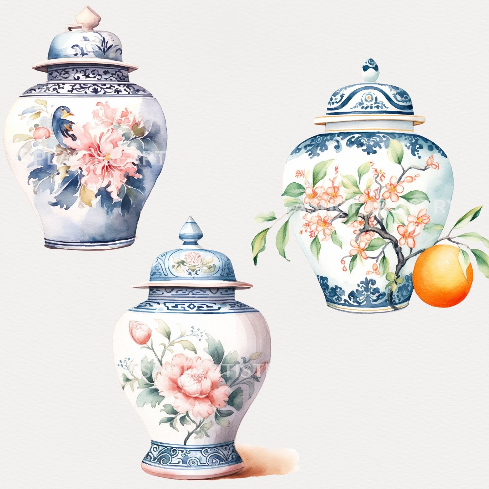Blue Chinoiserie Jar Watercolor Clipart Floral Ginger Jar Card Making ...