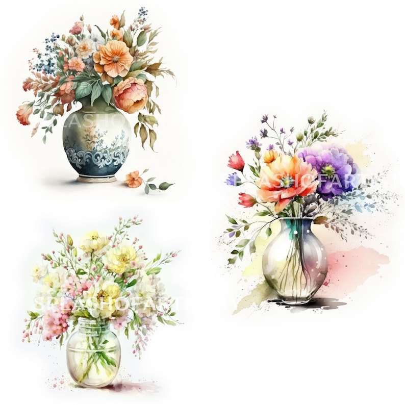 Colorful Vase Flower Watercolor Clipart Floral Bouquets Card Making ...