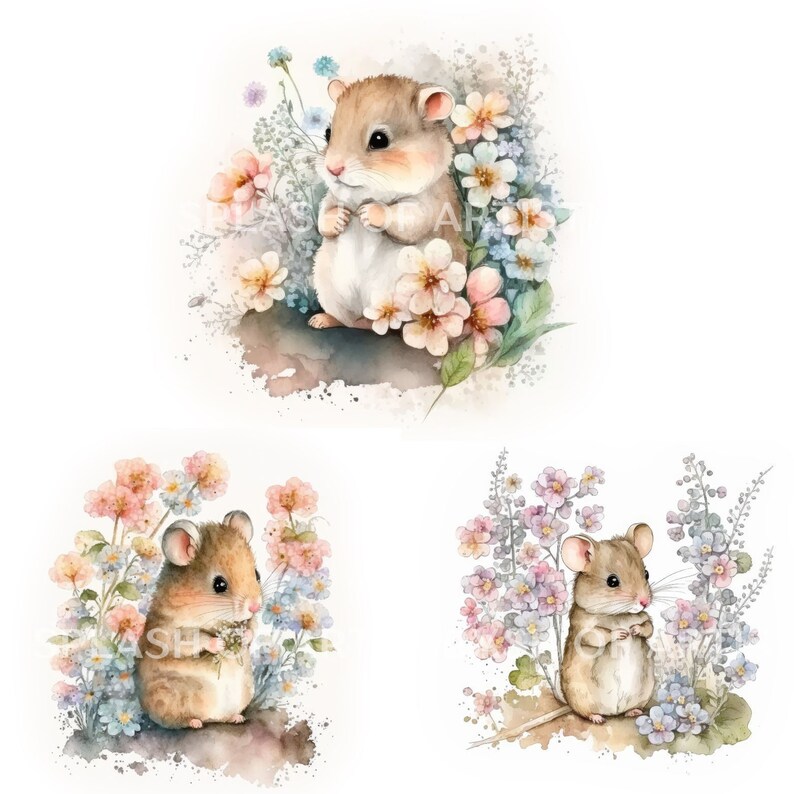 Cute Mouse Flower Clipart Watercolor Floral Mouse Card Making Adorable ...