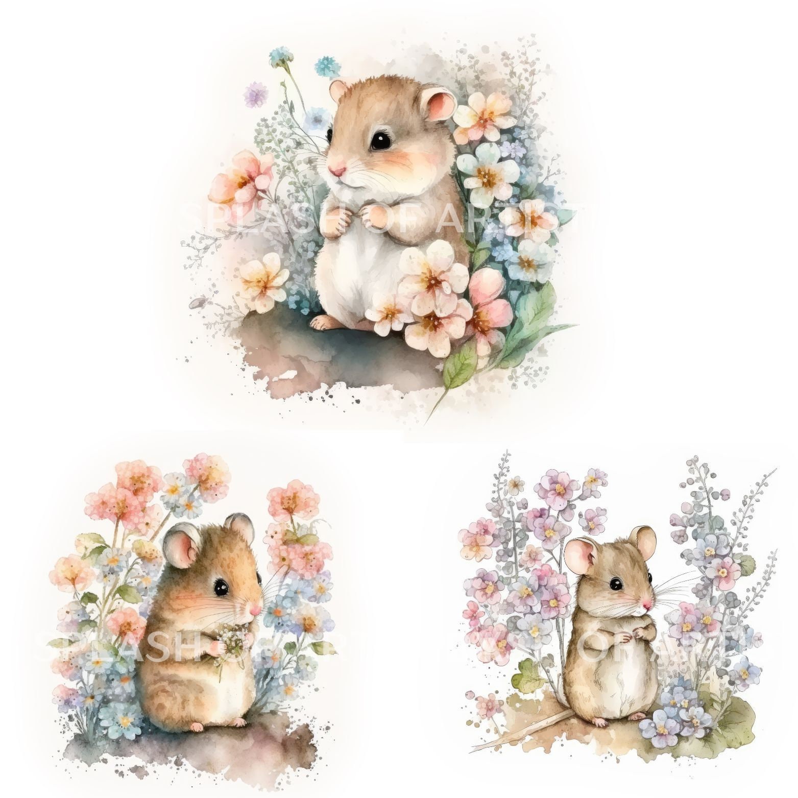 Cute Mouse Flower Clipart Watercolor Floral Mouse Card Making Adorable ...