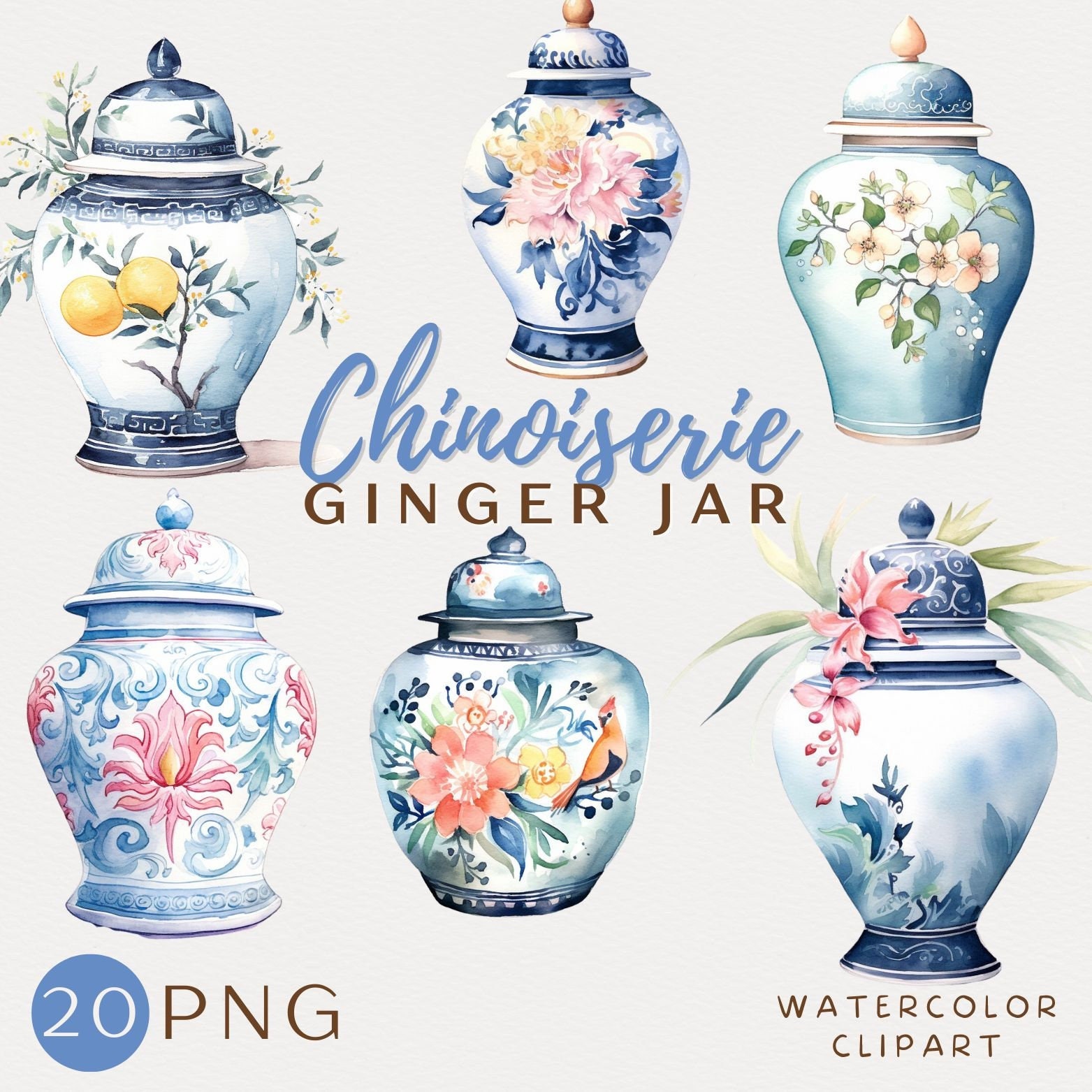 Blue Chinoiserie Jar Watercolor Clipart Floral Ginger Jar Card Making ...