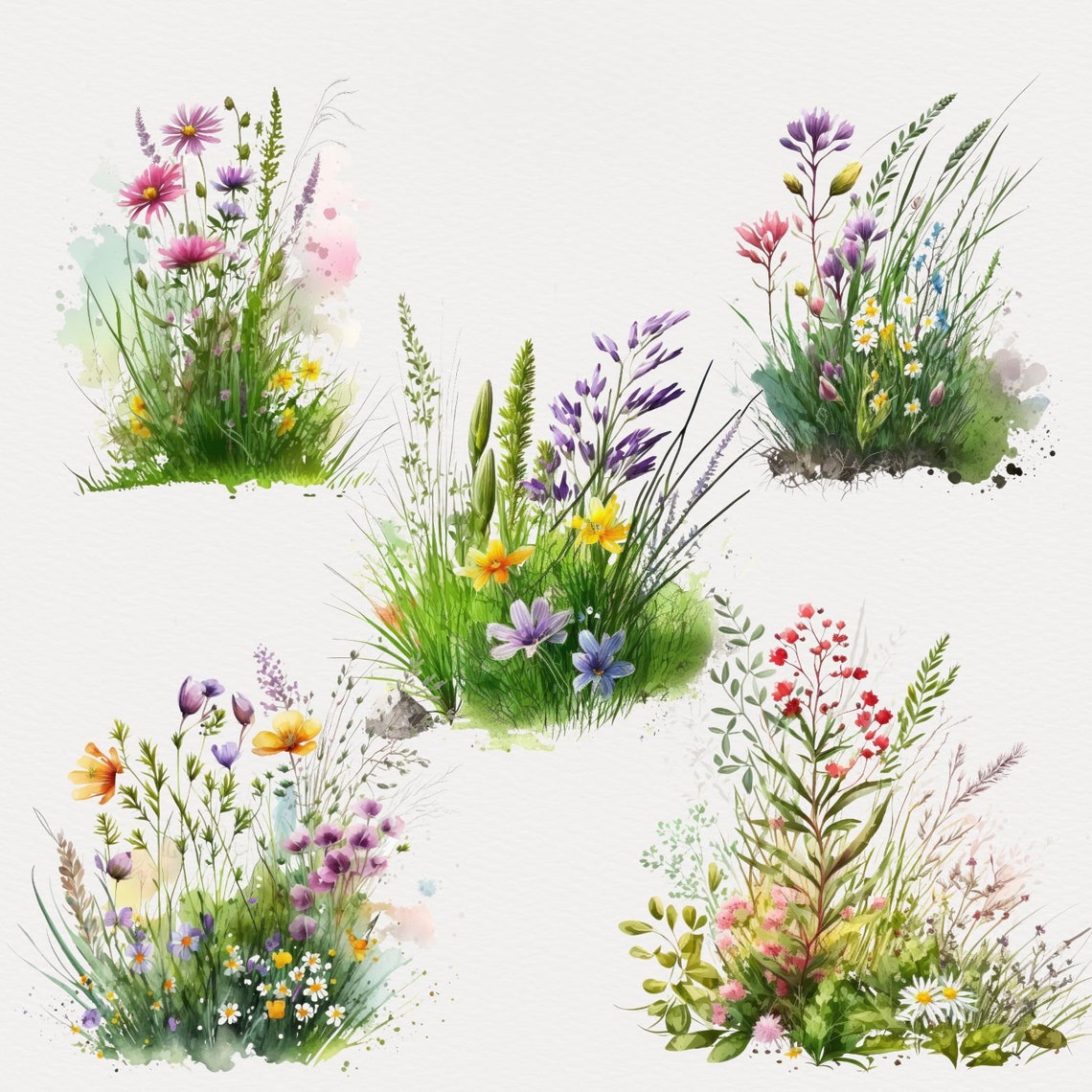 Meadow Flowers Watercolor Clipart Craft Floral Grass Digital - Etsy