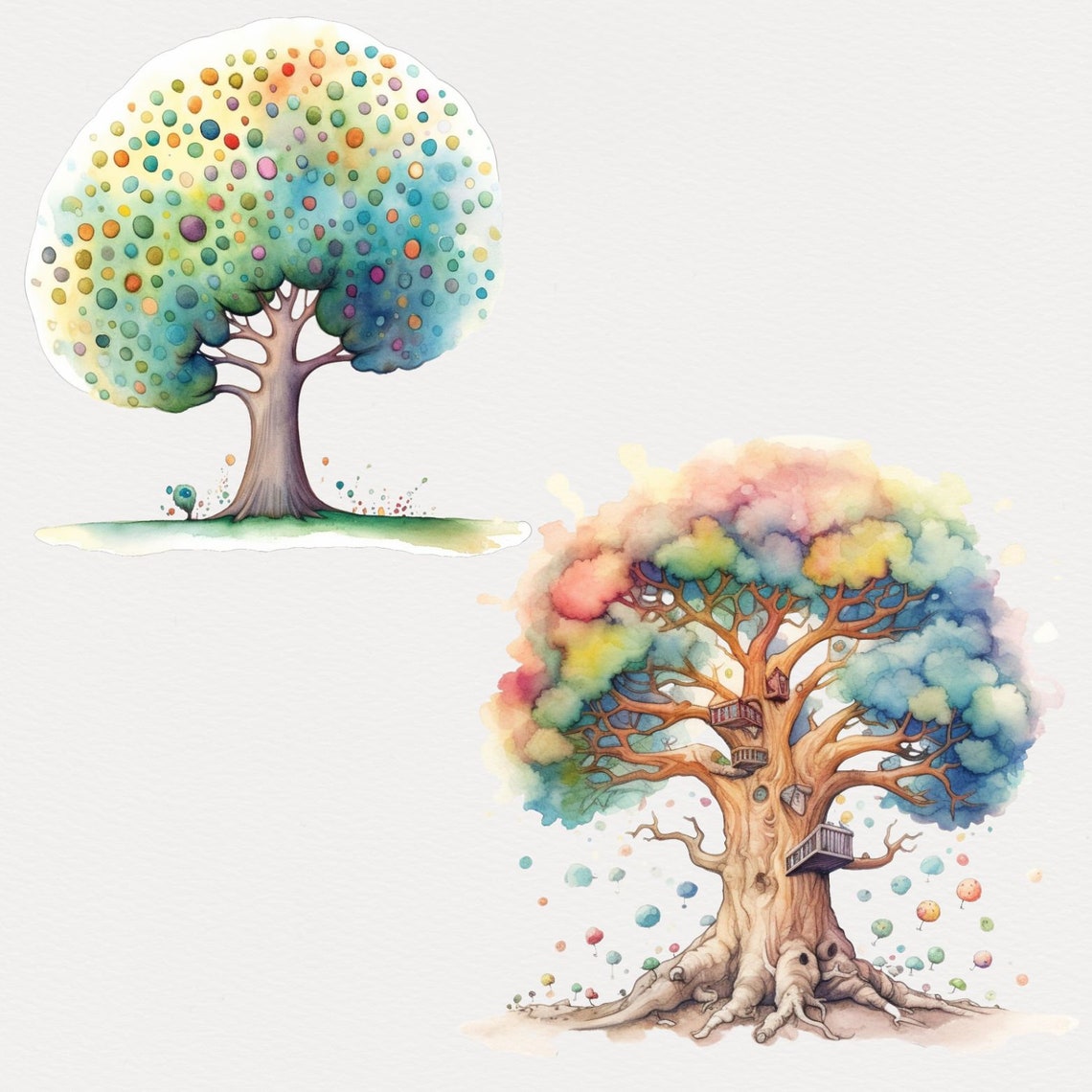 Playful Tree Watercolor Clipart Colorful Quirky Tree Scrapbook Fantasy ...