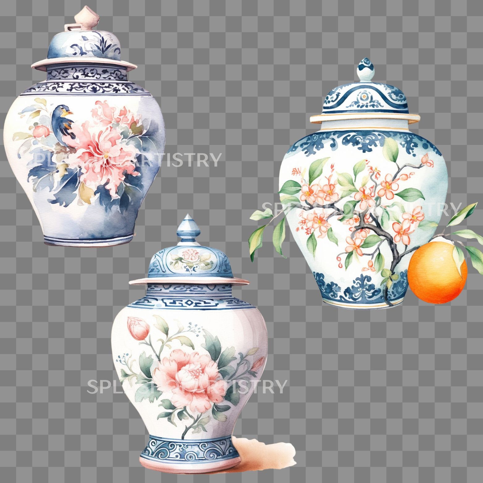 Blue Chinoiserie Jar Watercolor Clipart Floral Ginger Jar Card Making ...