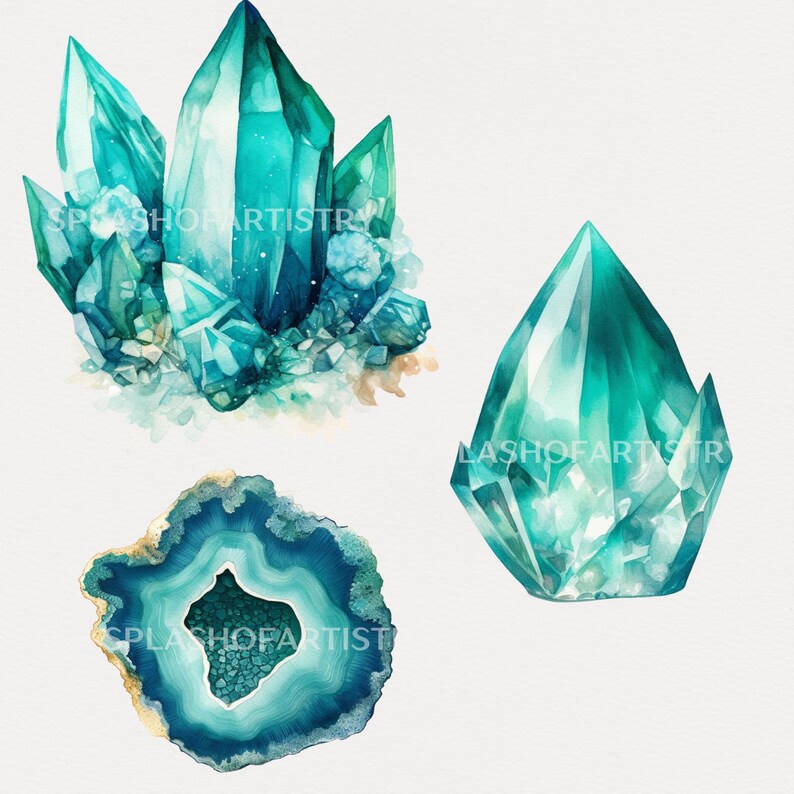 Crystal Gem Watercolor Clipart Teal Gem Digital Art Crystal - Etsy