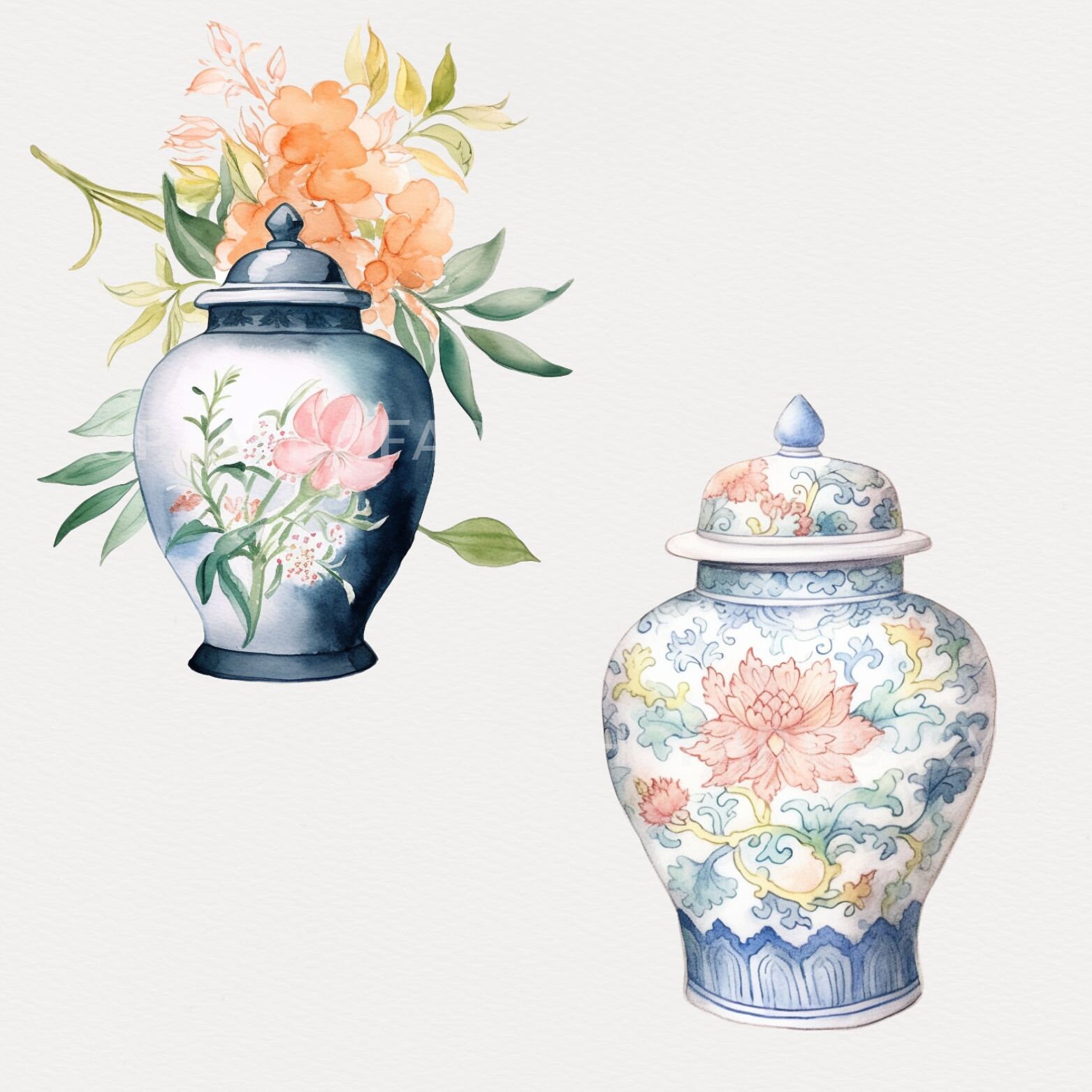 Blue Chinoiserie Jar Watercolor Clipart Floral Ginger Jar Card Making ...