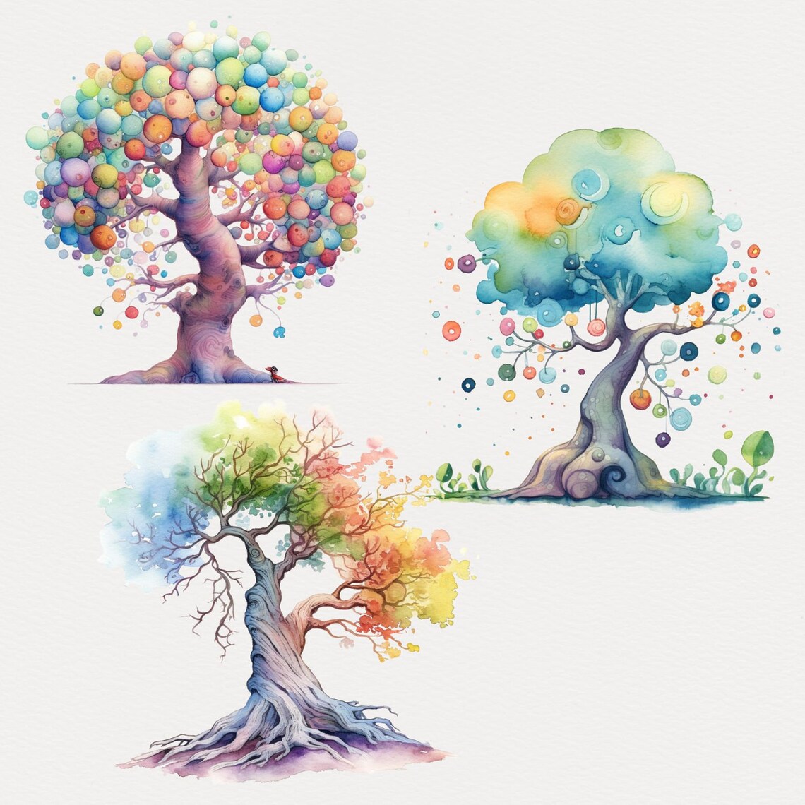 Playful Tree Watercolor Clipart Colorful Quirky Tree Scrapbook Fantasy ...