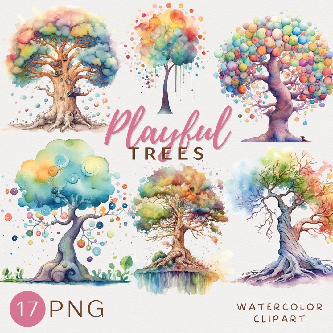 Playful Tree Watercolor Clipart Colorful Quirky Tree Scrapbook Fantasy ...