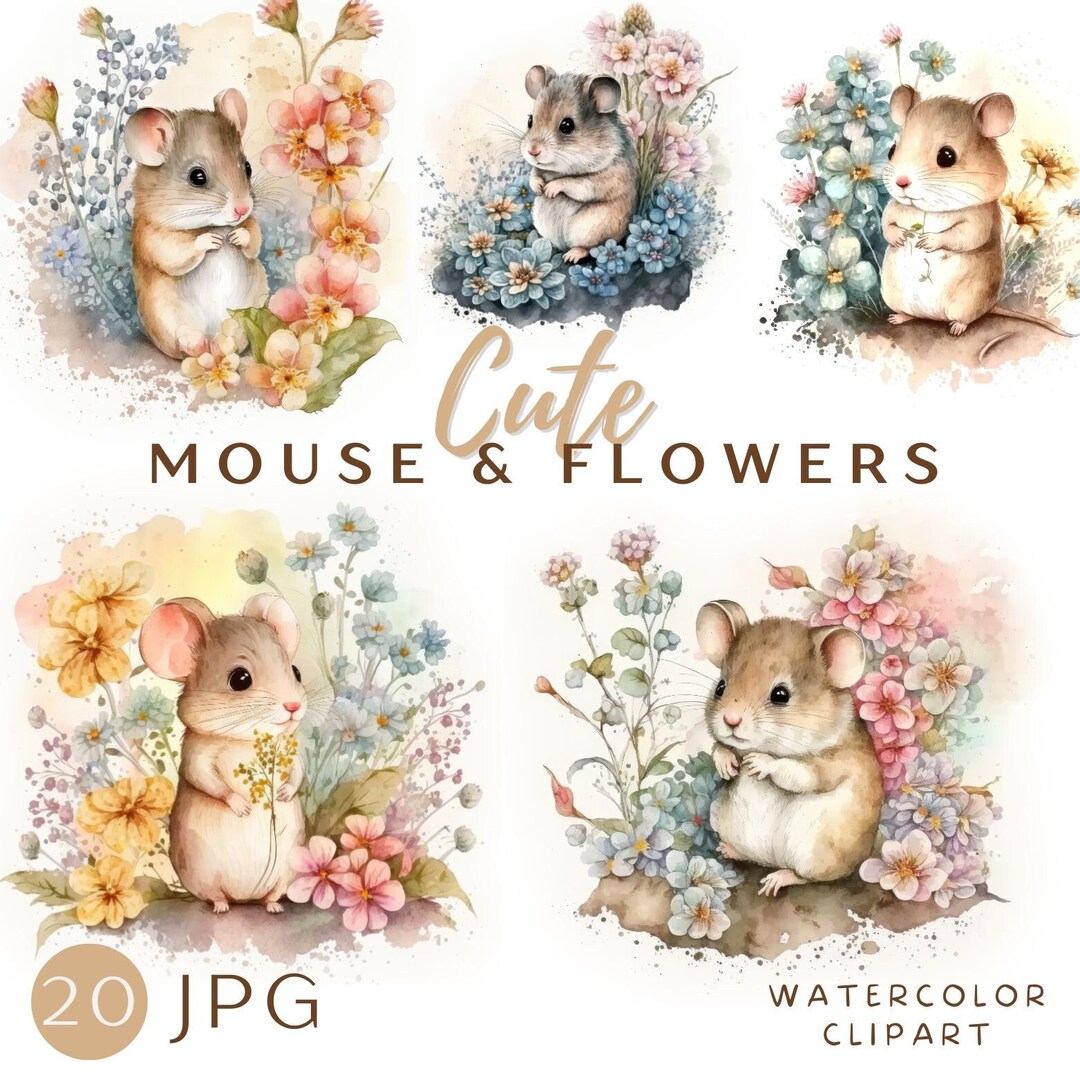 Cute Mouse Flower Clipart Watercolor Floral Mouse Card Making Adorable ...