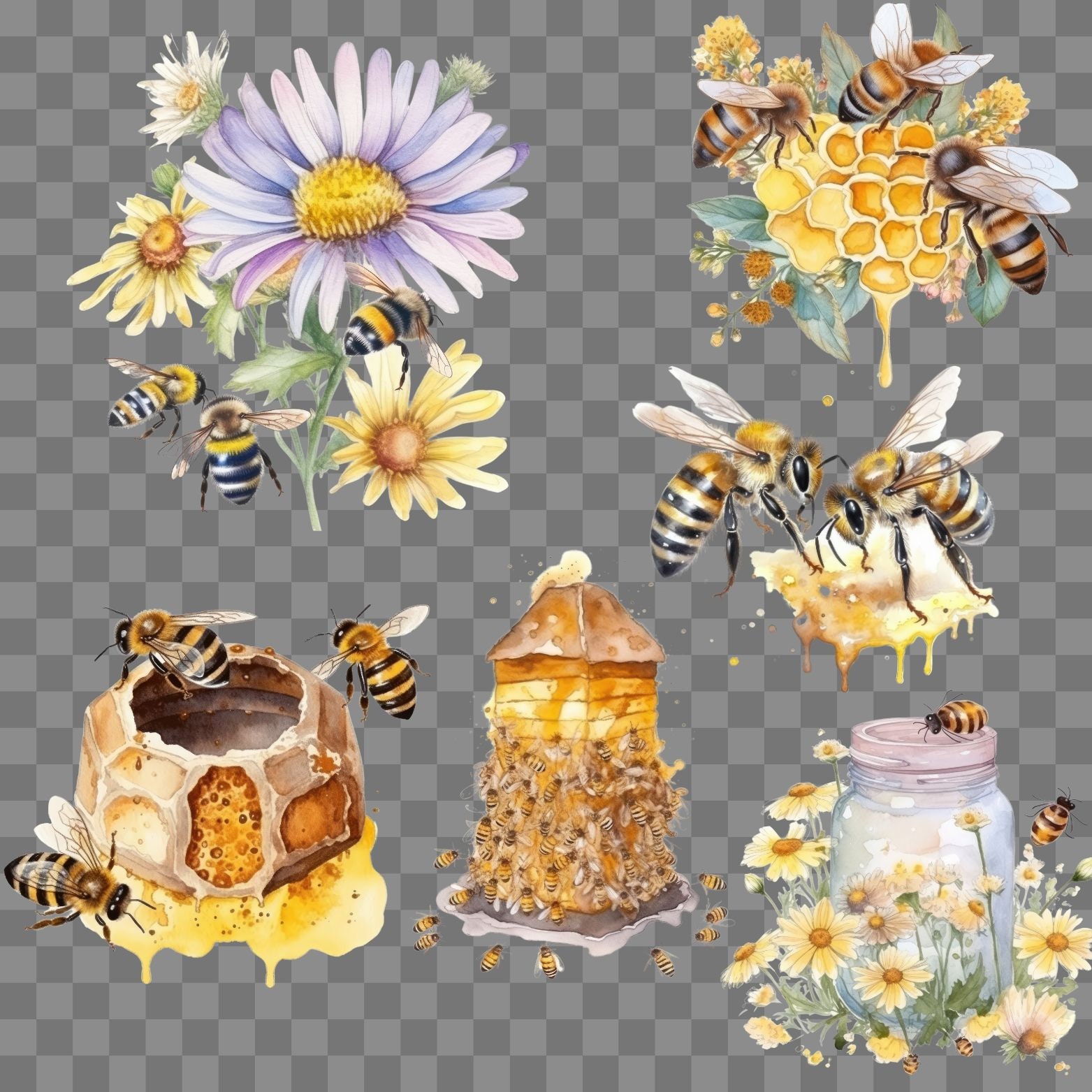 Spring Honey Bee Watercolor Clipart Honeycomb Hive Illustrations ...