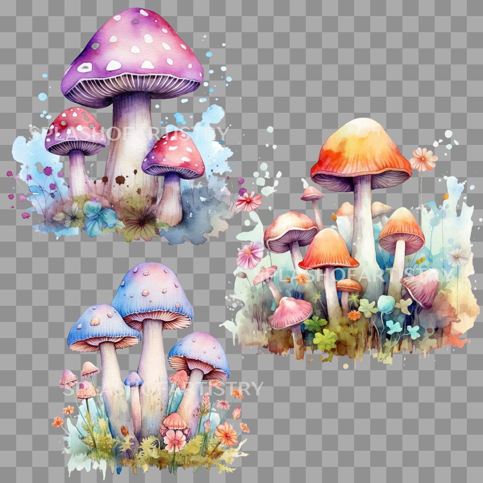 Floral Mushroom Watercolor Clipart Magic Mushroom Digital Art Fantasy ...