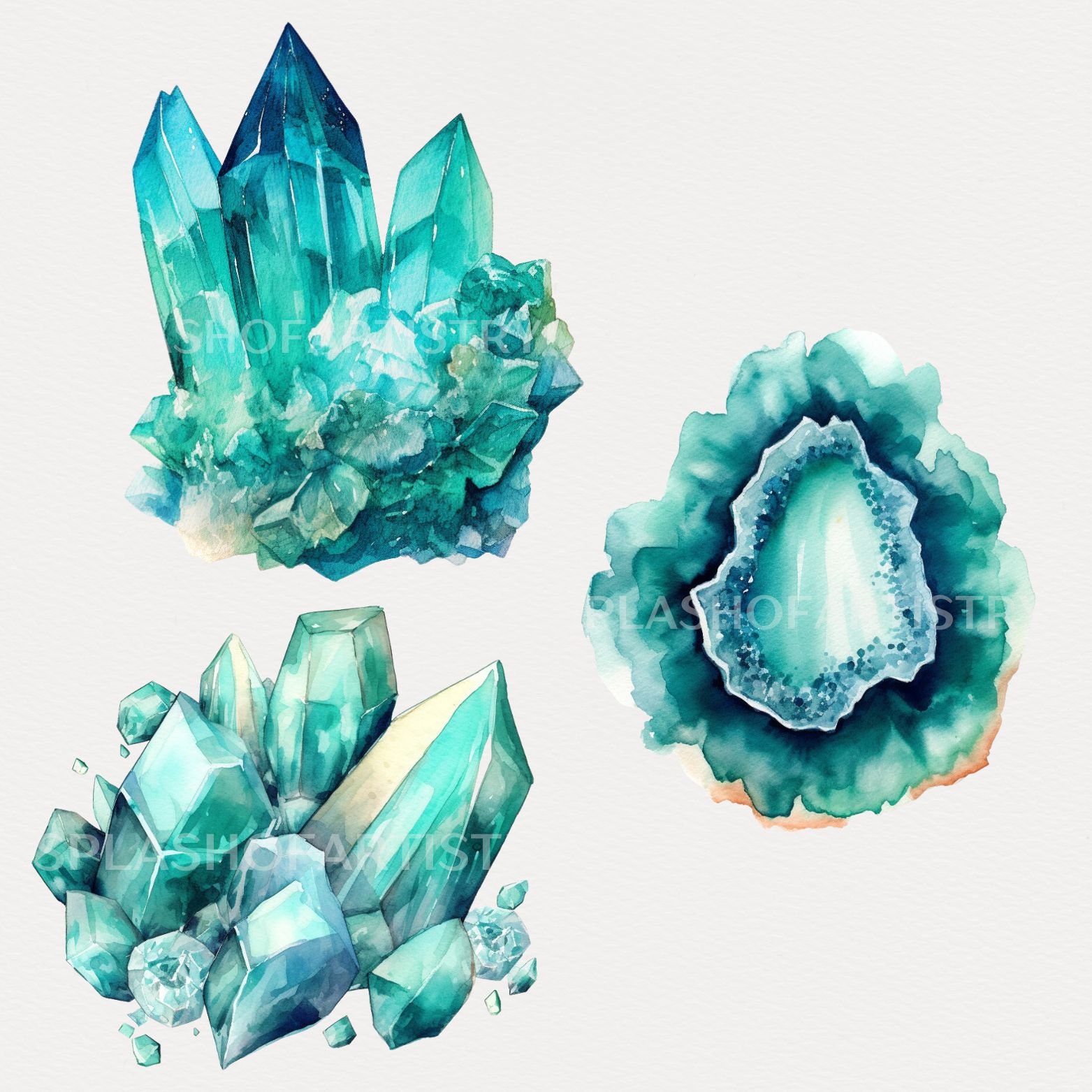 Crystal Gem Watercolor Clipart Teal Gem Digital Art Crystal Gemstone ...