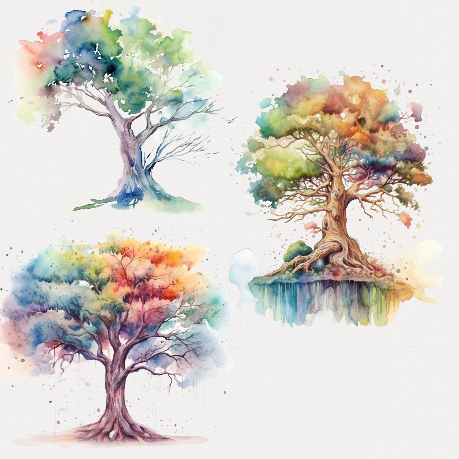 Playful Tree Watercolor Clipart Colorful Quirky Tree Scrapbook Fantasy ...