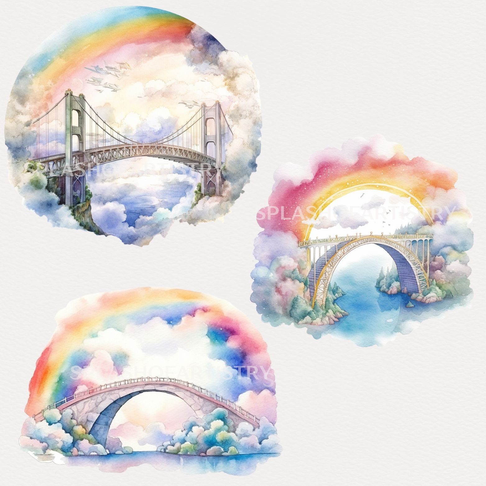 Rainbow Bridge on Clouds Watercolor Bridge Clipart Pet Memorial ...