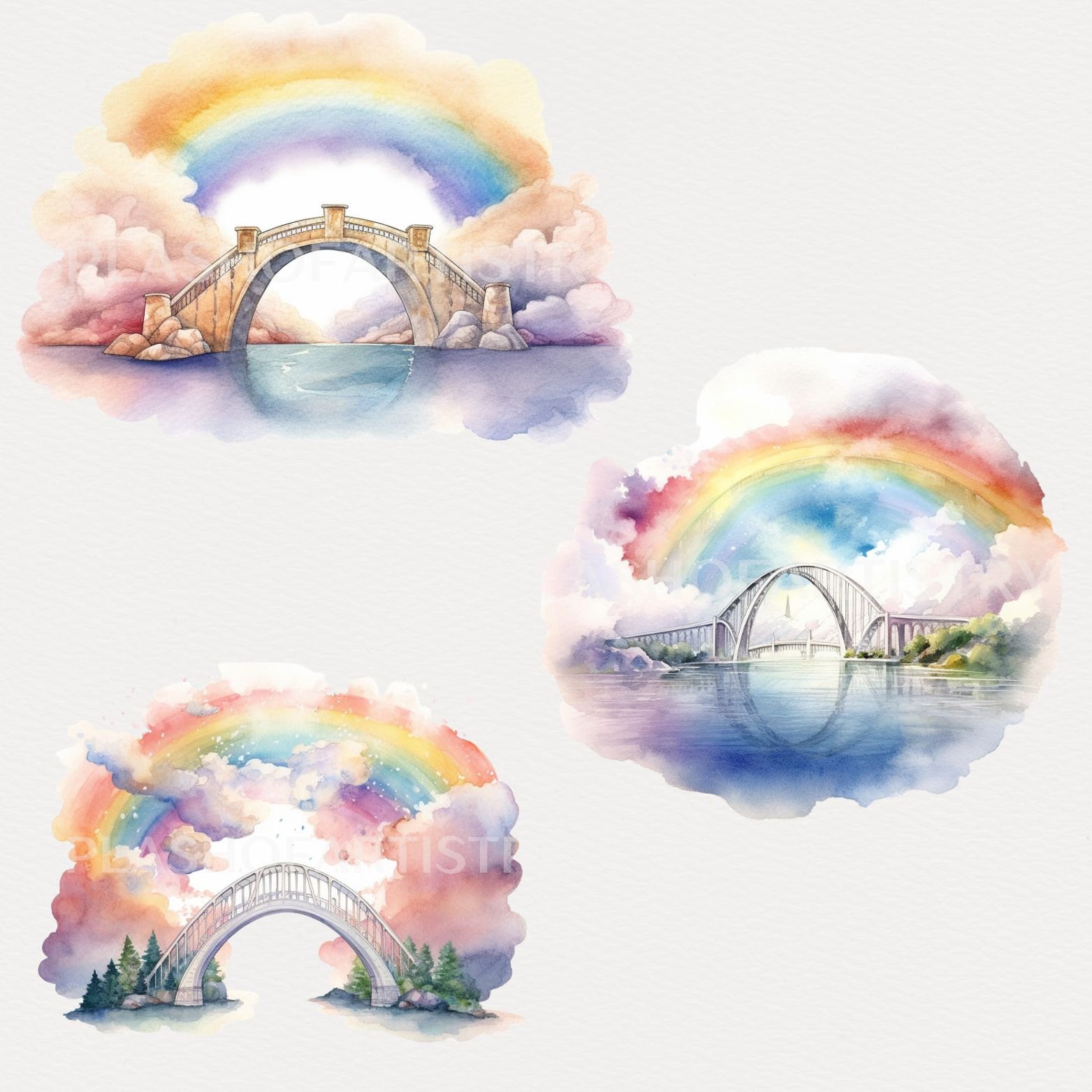 Rainbow Bridge on Clouds Watercolor Bridge Clipart Pet Memorial ...