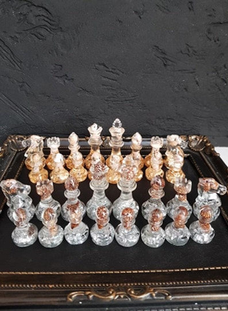 Epoxy Chess Set Standard Size Resin Chess Set With Natural Shell Epoxy ...