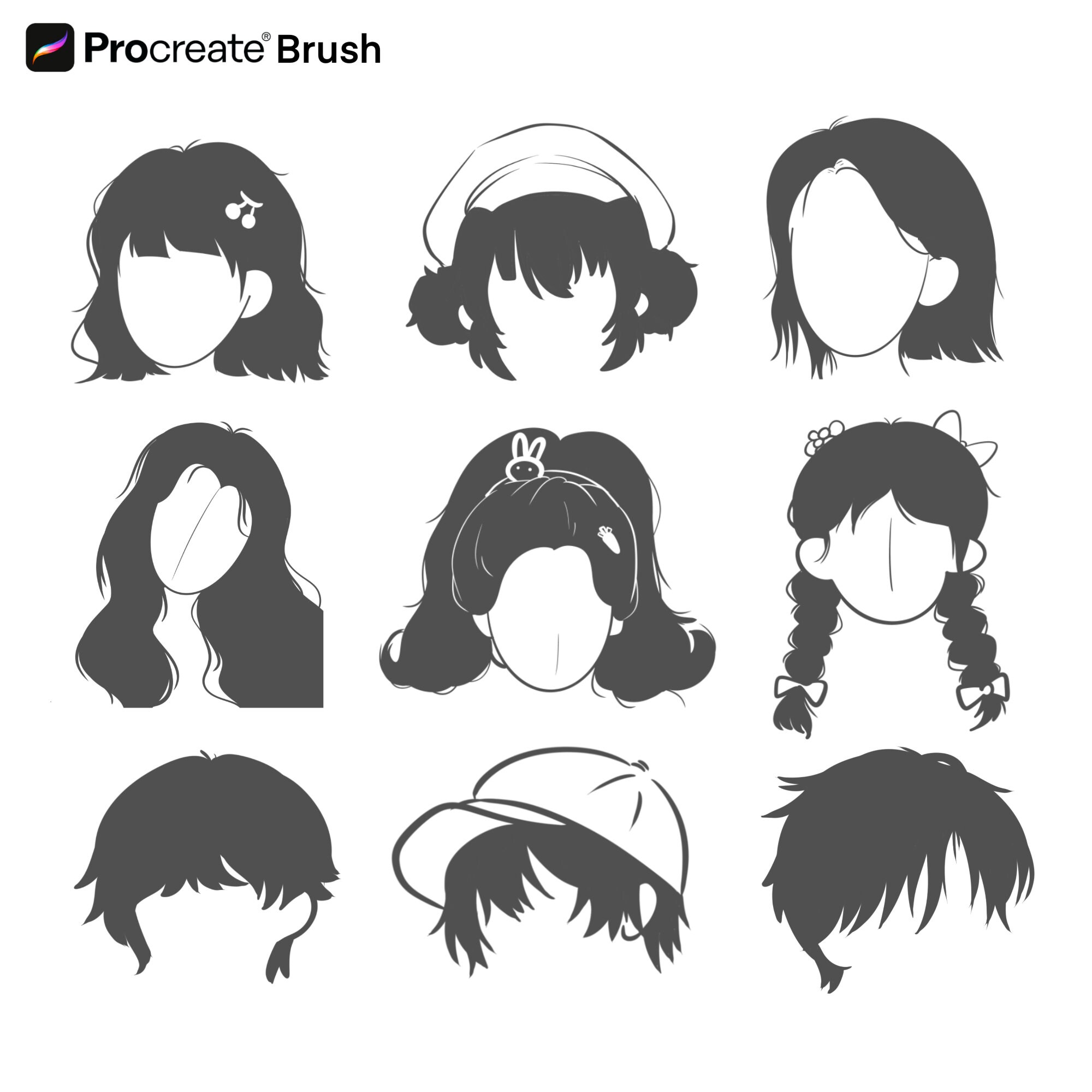 Hair Stamps Procreate Brushes, Chibi Hair Brushes, Hairstyles Stamps ...