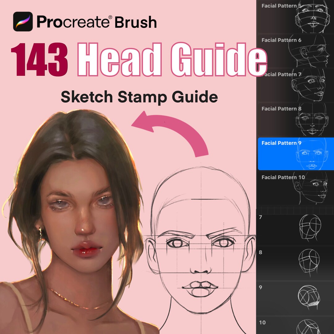 143 Procreate Heads Guide Brushes Stamps | Portrait Sketch Guide Stamps ...
