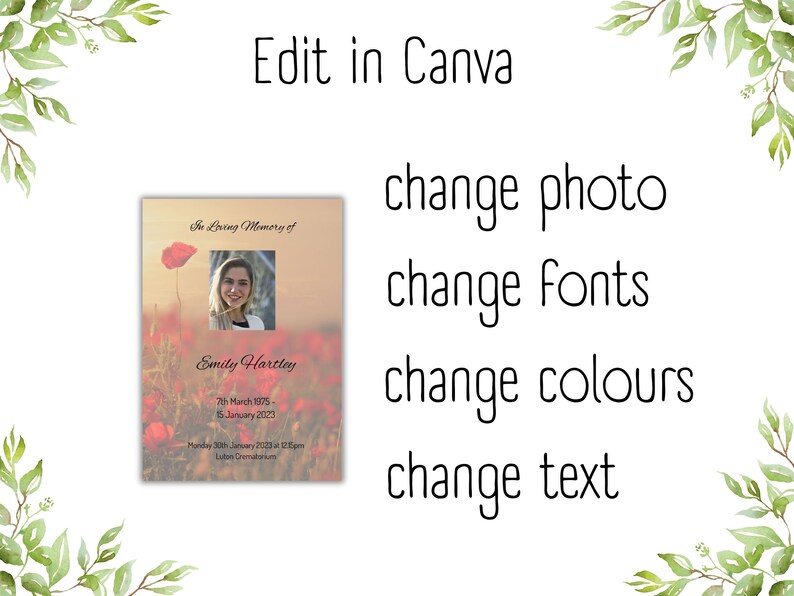 Funeral Order of Service Poppy, Minimalist Funeral Program Template ...