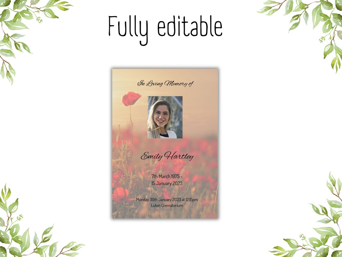 Funeral Order of Service Poppy, Minimalist Funeral Program Template ...