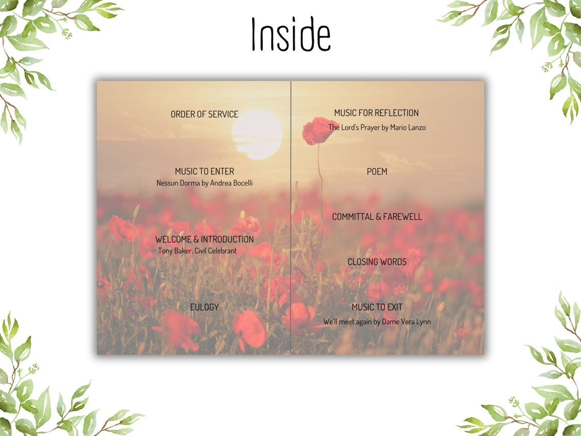 Funeral Order of Service Poppy, Minimalist Funeral Program Template ...